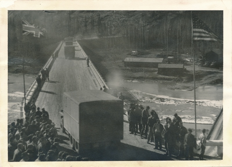 "Sikinni(sp) Sikanni River" Army trucks crossing the Sikanni River ...