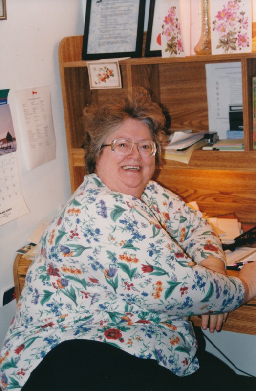 Lorraine Faherty working at her desk in the Fort Nelson Hospice 1990's ...