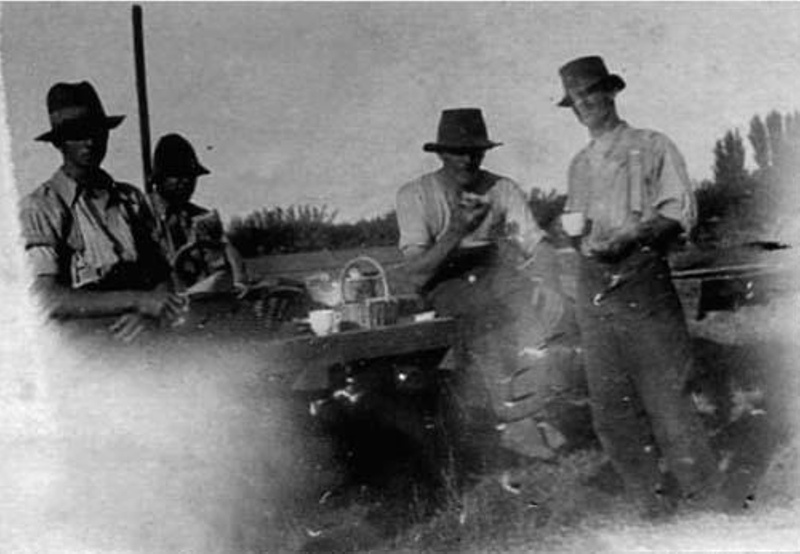 Men at tea break at Lochhead Farm, Leeston ex Margaret Morrish; EHS ...