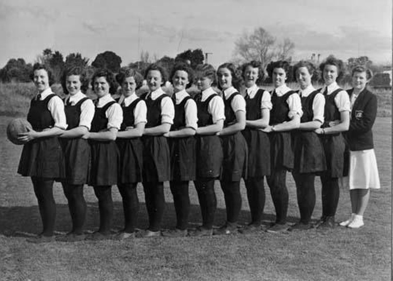 early netball in line , coach at end of line; EHS-1059 | eHive