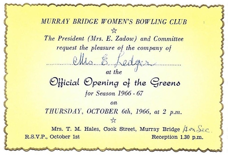 Murray Bridge Women's Bowling Club Invitation, 1966.; Murray Bridge ...