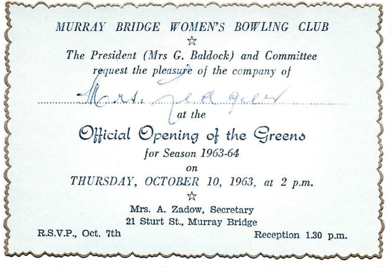 Murray Bridge Women's Bowling Club Invitation, 1963.; Murray Bridge ...