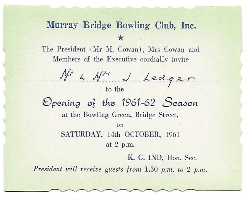 Murray Bridge Bowling Club Invitation, 1961.; Murray Bridge Bowling ...