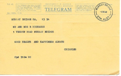 Telegram received at Murray Bridge Post Office 1 Sep 1962.; Postmaster ...