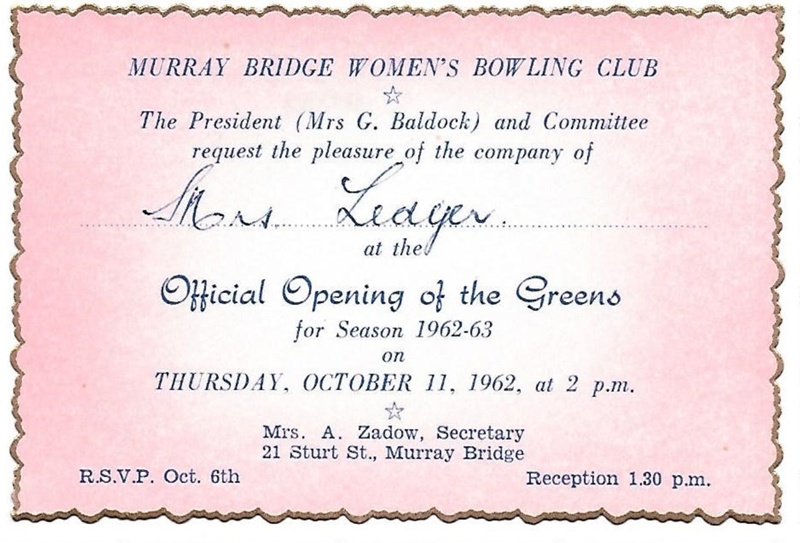 Murray Bridge Women's Bowling Club Invitation, 1962.; Murray Bridge ...
