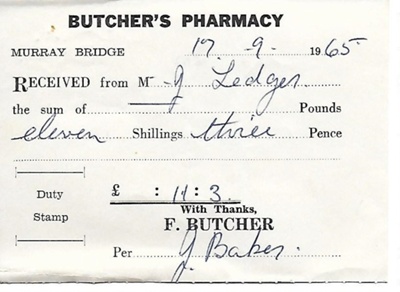 Butcher's Pharmacy Murray Bridge Receipt. 1965; 1965; MB/RCT 00043 | eHive