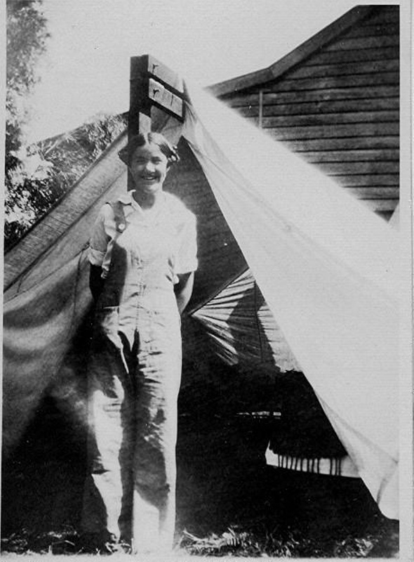 Pat Royce outside tent; 1940s; P2009-118 | eHive