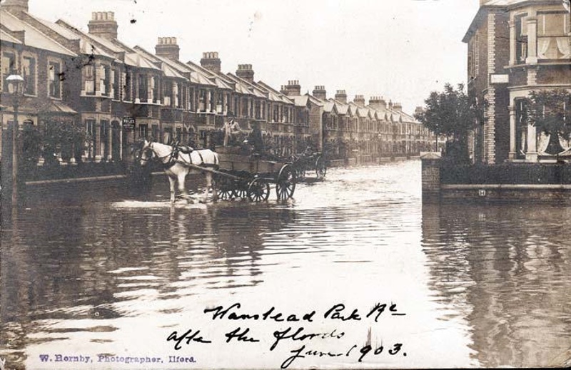 Postcard, showing Wanstead Park Road, Ilford, flooded by the River ...
