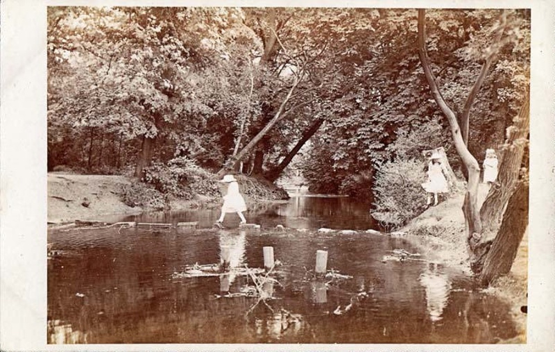 Postcard showing three girls crossing the River Roding via stepping ...