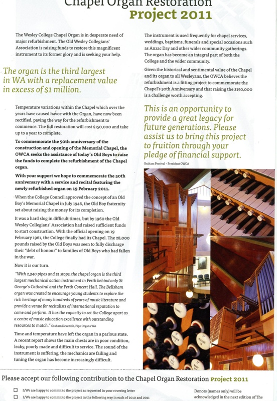 001/10; Box 177 Wesley College Organ Refurbishment 2009 and Restoration ...