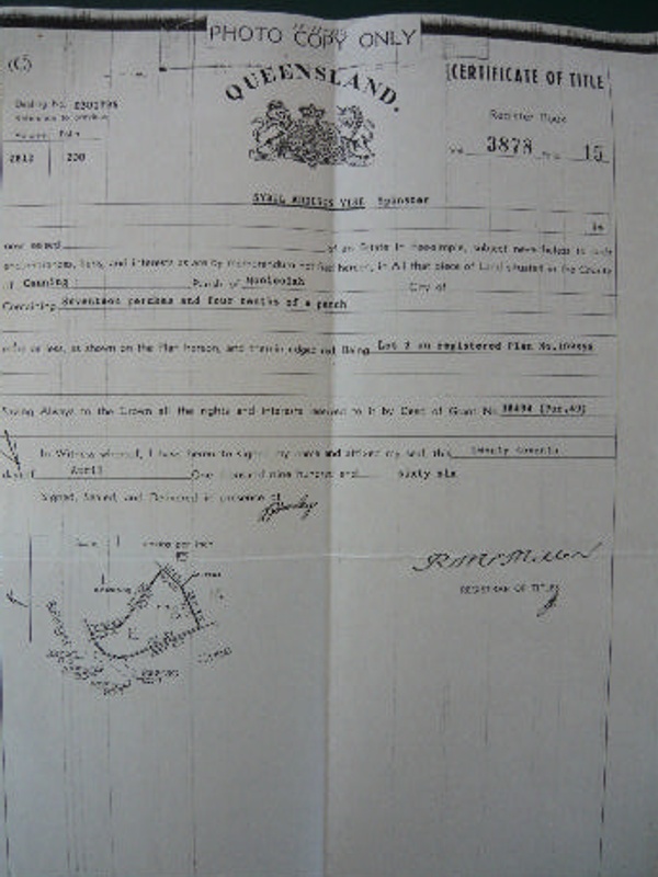 Photocopy of Certificate of Title Vol 3878 Fol 15; Queensland Titles ...