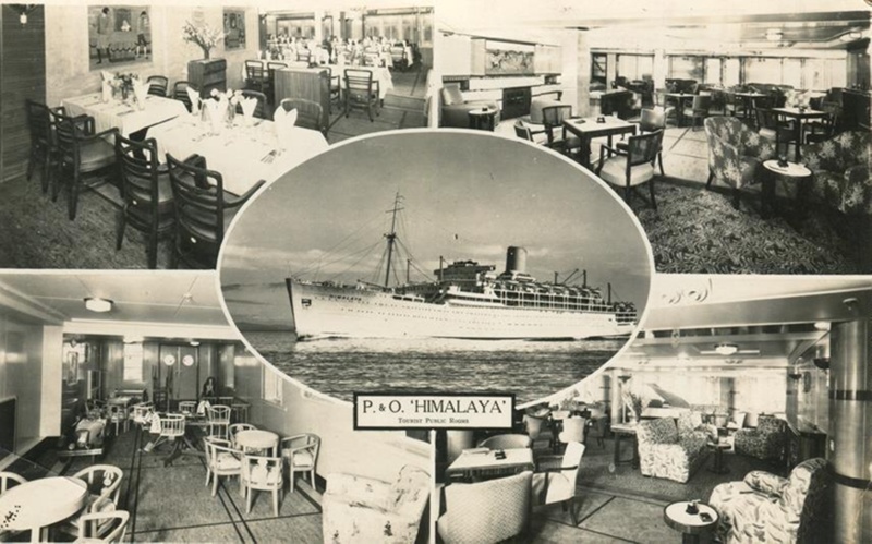 P & O ship, SS Himalaya, post card showing tourist public rooms ...
