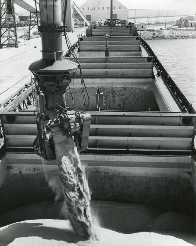 Bulk sugar being loaded from terminal into bulk carrier M.V. Meringa ...