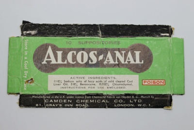 Pharmaceutical Box, "Alcos-Anal 10 Suppositories"; Camden Chemical Co ...