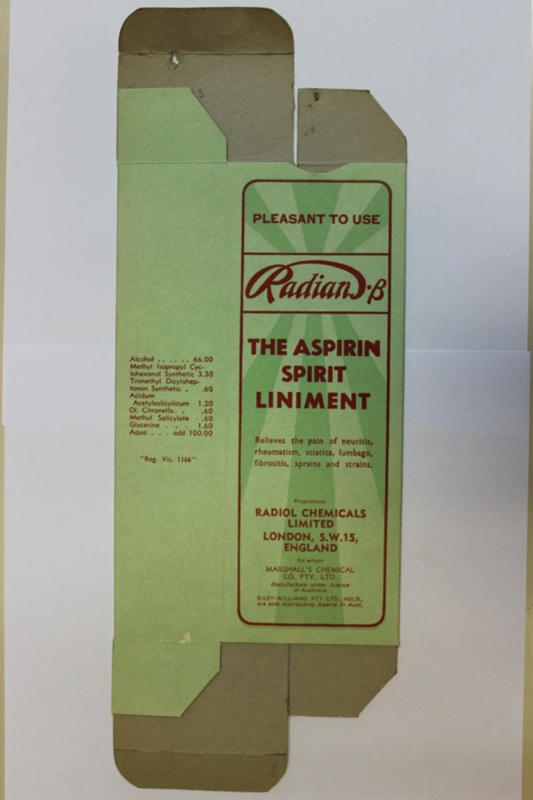 Pharmaceutical Box, "The Aspirin Spirit Liniment"; Radiol Chemicals ...