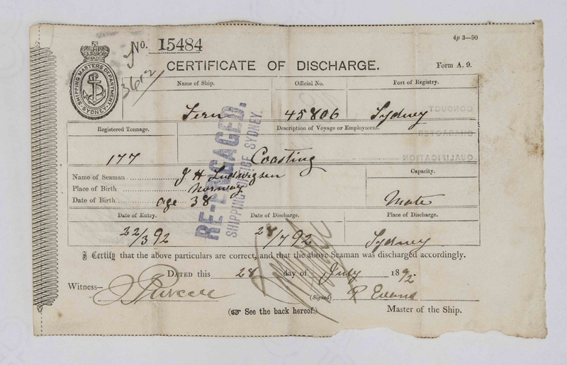 Discharge certificate from "Fern" ; 1892; 2008.162.19 | eHive