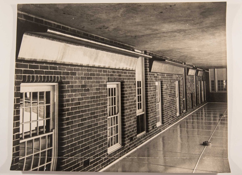 Photograph of brick wall with windows and timber seats attached; 2019. ...