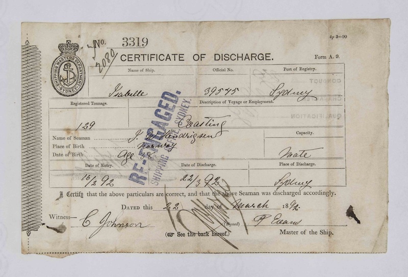 Discharge certificate from "Isabelle" ; 1892; 2008.162.18 | eHive
