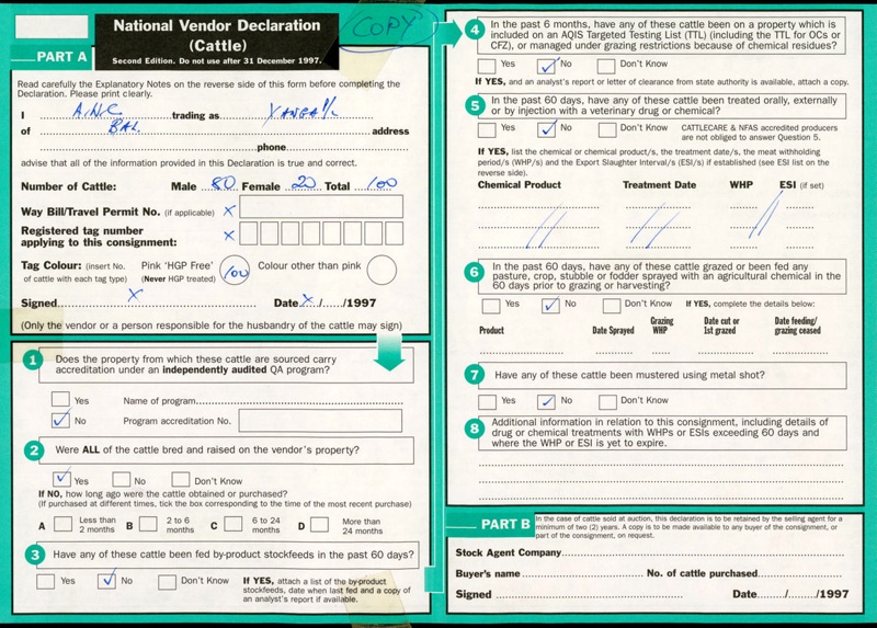 Yanga Station 1997 National Vendor Declaration (Cattle) ; 1997; 2022. ...