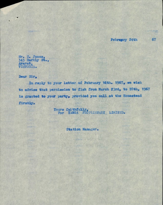 A letter dated 24/2/67 from Yanga Station Manager Fred Carter to C ...