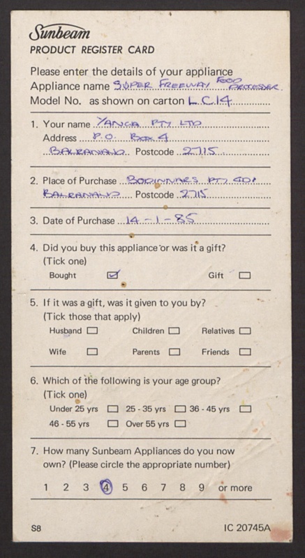 Sunbeam Food Processor Product Registration Card; 2019.225; 2019.225 ...
