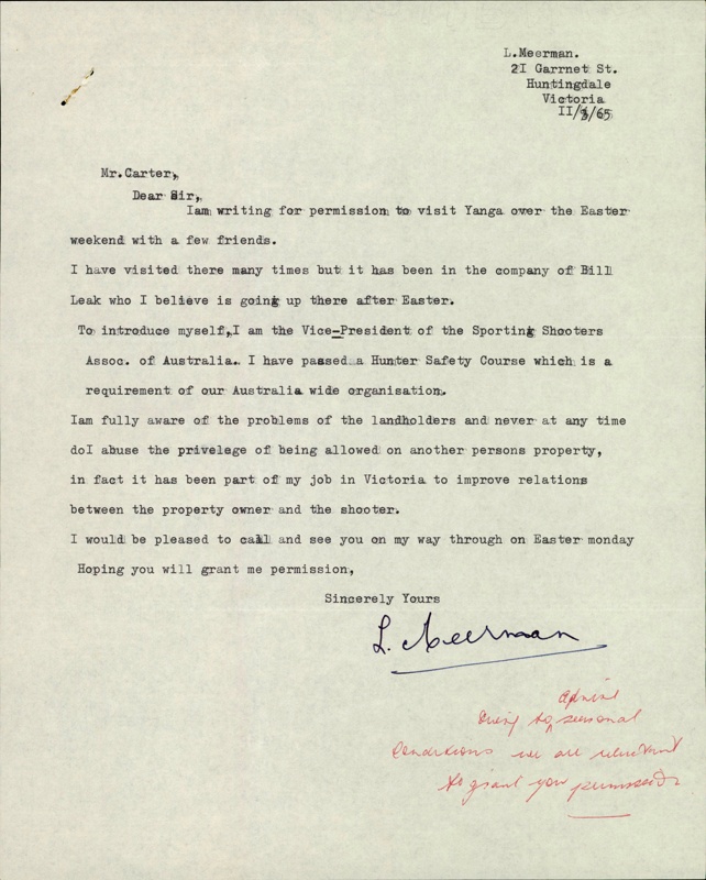 A letter dated 11/2/65 from L Meerman to Yanga Station Manager Fred ...