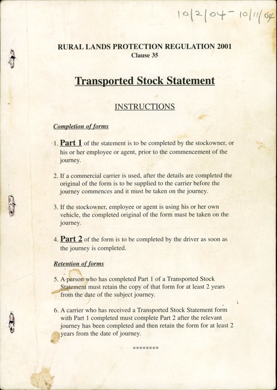 Yanga Station Transported Stock Statements 10th Feb 2004 to 10th Nov ...