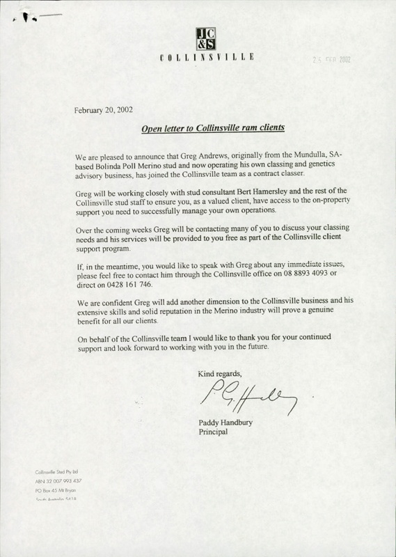 Open letter dated 20/2/2002 from Paddy Handbury to all Collinsville ...