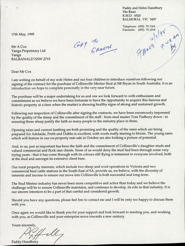 Collinsville Stud - Letter of introduction dated 17/5/1995 from Paddy ...