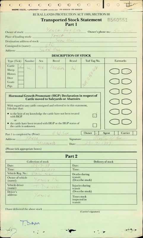 Yanga Station Transported Stock Statements 23rd July 1997 to 2nd May ...