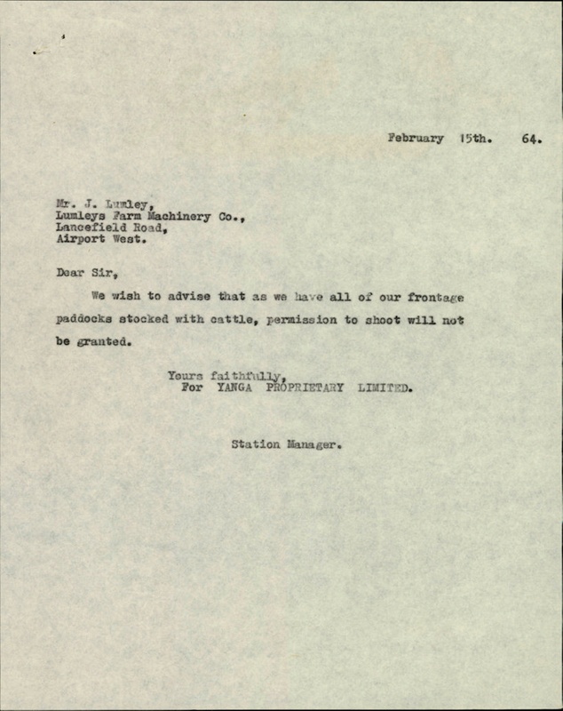A letter dated 15/2/64 from Yanga Station Manager Fred Carter to John ...