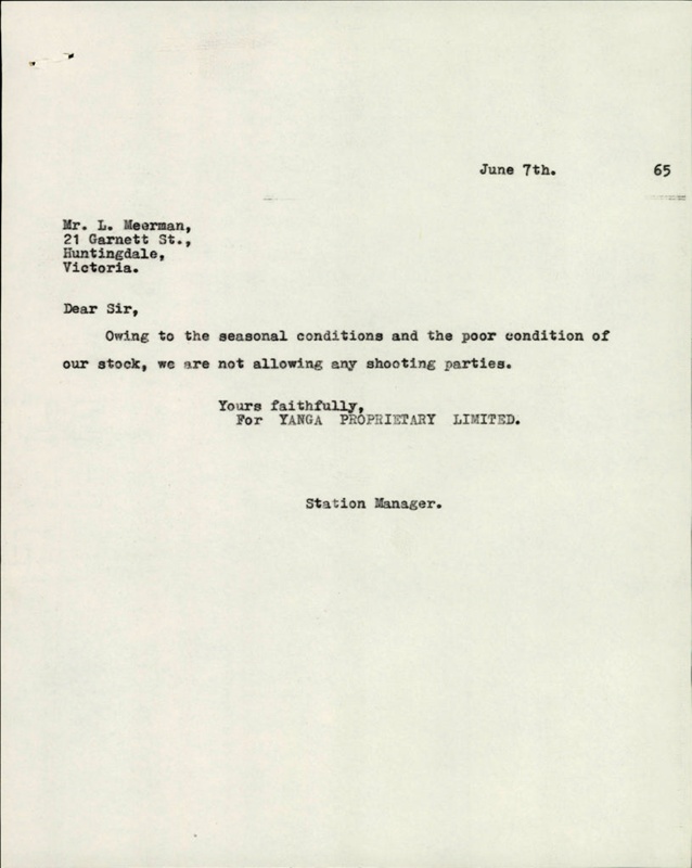 A letter dated 7/6/65 from Yanga Station Manager Fred Carter to L ...