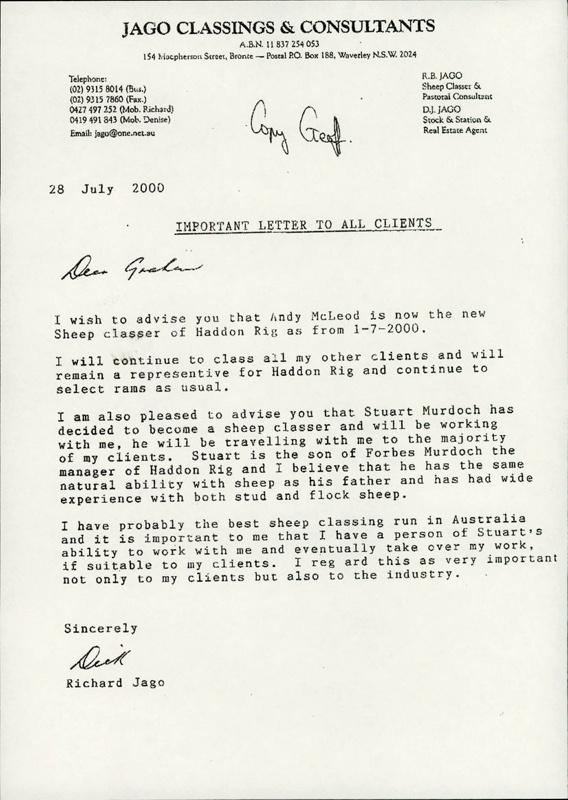 Letter dated 28/7/2000 from Richard Jago, Jago Classings & Consultants ...