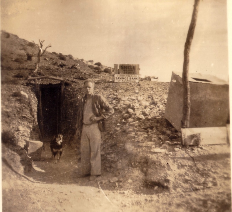 George Burford outside his dugout, with his dog Tweed; 1938; 0061 | eHive