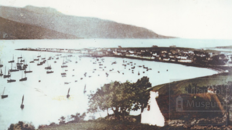 Huge fishing fleet with black sails in harbour - thatched croft house ...