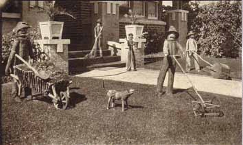 Wooden figures carved out of tree trunks; Awburn, Claude Frederick; 193 ...
