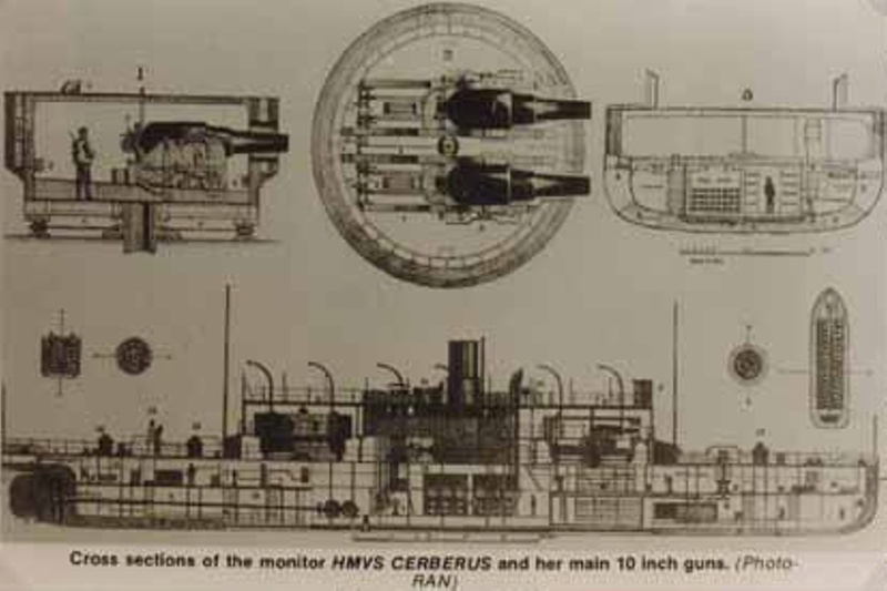 Cross-section of the monitor HMVS Cerberus and her main 10 inch guns ...