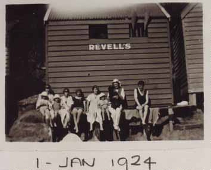 Revell family group outside their bathing box at Half Moon Bay; 1924 ...