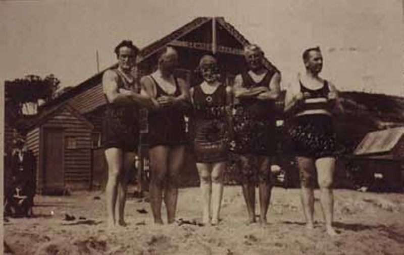 Group of five lifesavers outside the Sandringham Life Saving Club; c ...