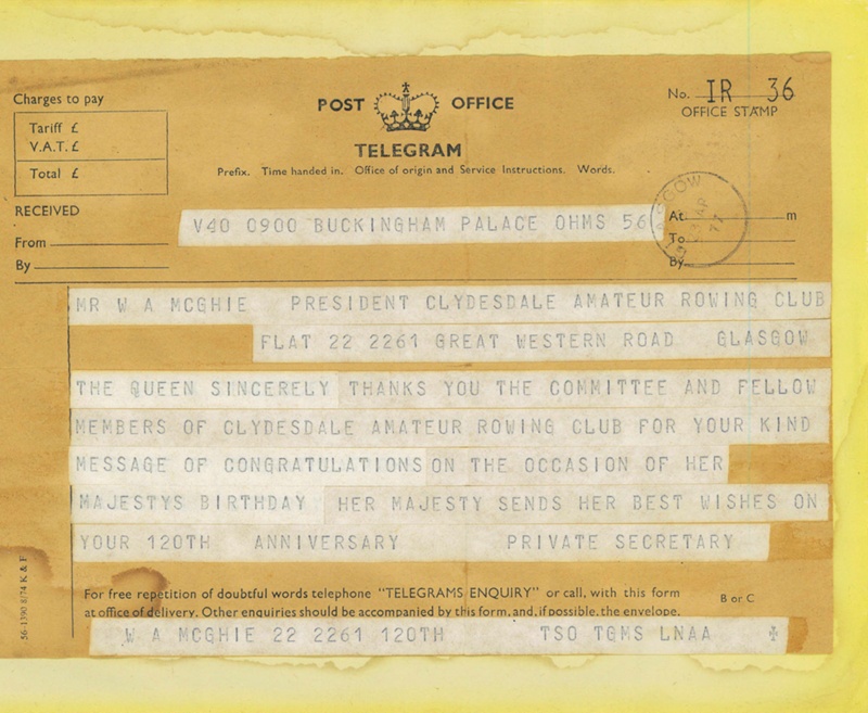 Telegram from Buckingham Palace to the Clydesdale ARC; Private ...