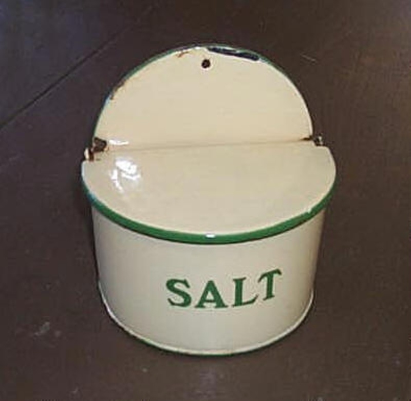 Salt Box, (1), enamel, cream with green trim around lid, the word SALT ...